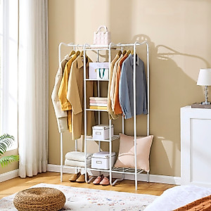 Gewudraw Wardrobe Closet with 4 Metal Shelves, Freestanding Garment Rack, Heavy Duty Clothing Rack For Hanging Clothes, Portable Clothes Rack, Closet Organizer White