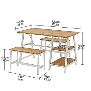 SogesGame Dining Table Set 3 Piece Kitchen Table Set Breakfast Table Set with Benches and Wine Rack Glass Holder 47.2 in Dining Room Table Set for 4 Oak
