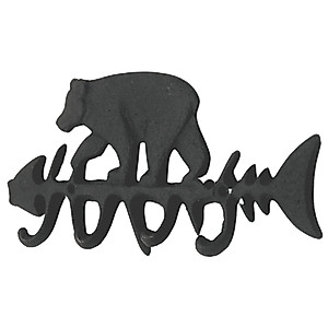 Black Bear with Fish Bones Cast Iron Wall Hook, Wall Mounted Decoration, Rustic Cabin Décor, 9.25 Inches