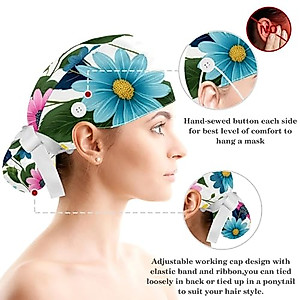 Nurse Scrub Caps,Scrub Hats with Buttons and Cotton Sweatband,Tropical Flower Painting Plant