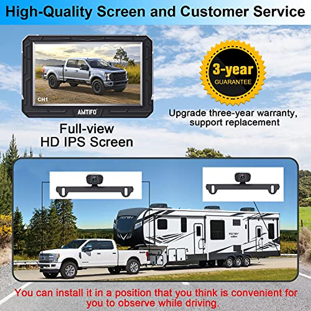 AMTIFO Wireless Backup Camera HD 1080P Car Truck Bluetooth Rear View 4.3 Inch Monitor System License Plate Back Cam Super Night Vision Digital Stable Signal A18
