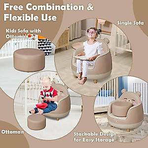 Kinsuite Leather Toddler Armchair with Ottoman- Bear Animal Kids Sofa Toddler Reading Chair Toddler Lounge Sofa Recliner for Nursery School Game Room Kindergarten Living Room, Brown