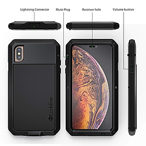 Lanhiem iPhone Xs Max Metal Case, Heavy Duty Shockproof [Tough Armour] Rugged Case with Built-in Glass Screen Protector, 360 Full Body Protective Cover for iPhone Xs Max (6.5" 2018) -Black