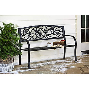 Plow & Hearth Black Metal Hummingbird Garden Bench for Patio, Yard and Garden with Detailed Decorative Back Design Featuring Birds, Vines and Flowers, 50" W x 19½"D x 34½"H