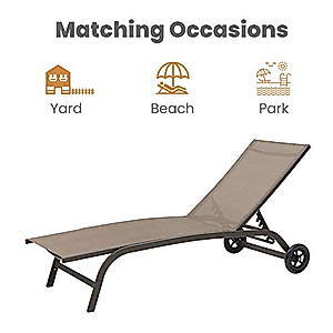 Crestlive Products Aluminum Chaise Lounge Chairs with Wheels Outdoor Adjustable Recliner Five-Position and Full Flat Tanning Chair All Weather for Patio, Beach, Yard, Pool (2PCS Brown)