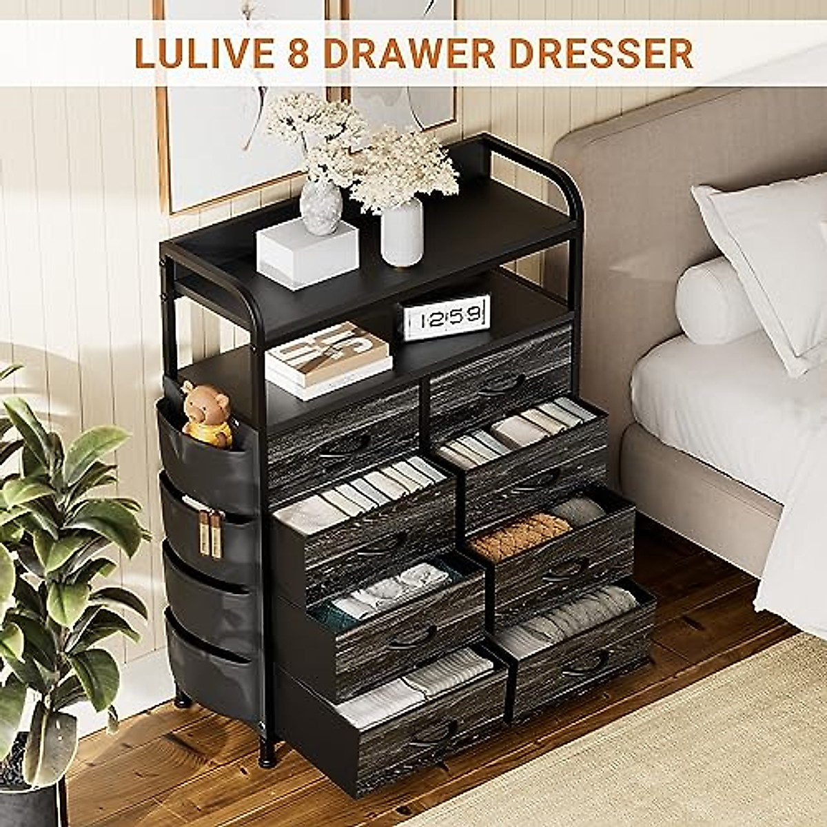 Lulive 8 Drawer Dresser with Shelves, Chest of Drawers for Bedroom with Side Pockets and Hooks Fabric Storage Tower Organizer for Nursery Hallway, Closet, Wood Top (Charcoal Black), (Dressers-HI1349)