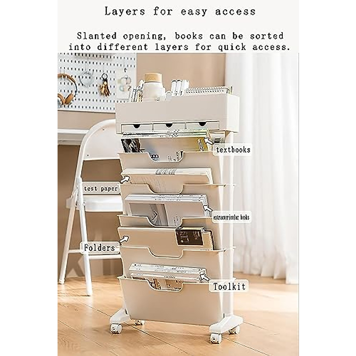 EFLALYHG Multifunctional Bookshelf, Mini Detachable Cart with Universal Wheels, Six-Tier Rolling Cart, Book Storage Organizer for Kitchen, Bathroom, Living Room, Office,Pink