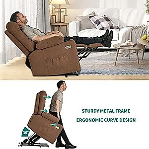 YITAHOME Electric Power Lift Recliner Chair for Elderly, Fabric Recliner Chair with Massage and Heat, Spacious Seat, USB Ports, Cup Holders, Side Pockets, Remote Control (Brown)