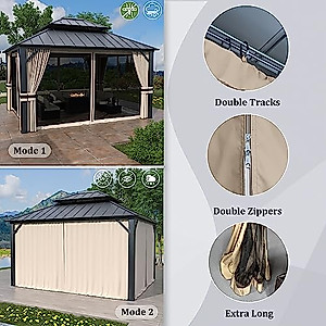 ALAULM 12' x 14' Hardtop Gazebo, Outdoor Patio Aluminum Gazebo with Aluminum Double Roof, Permanent Pavilion w/Curtains and Netting for Backyard, Patio, Deck, Garden-Sand