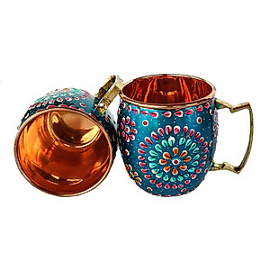 Rastogi Handicrafts Handmade Pure Copper Outer Hand Painted Art Work Wine, Vodka, Beer,Cocktail,Juice, Cold Coffee Mug - Cup 16 oz (2)