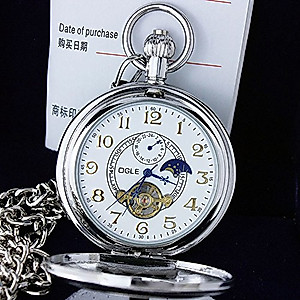 OGLE Waterproof Classics Roman Tourbillon Phases Moon Chain Fob Skeleton Automatic Mechanical Pocket Watch (Silver Case&White)