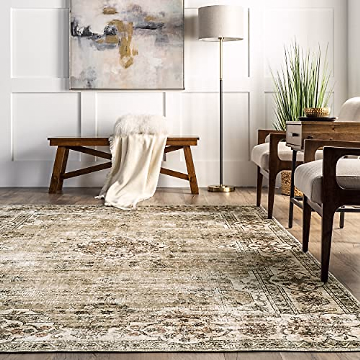 nuLOOM Paisley Machine Washable Faded Floral Border Medallion Accent Rug, 3' x 5', Beige