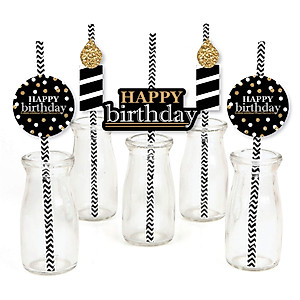 Adult Happy Birthday - Gold - Paper Straw Decor - Birthday Party Striped Decorative Straws - Set of 24