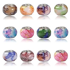 AIPRIDY 100Pcs 15x11mm Painting Murano Large Hole Glass Beads Mix Color with Silver Brass Cores European Charm fit Bracelet Necklace (Watercolor effect OPEC white glass)