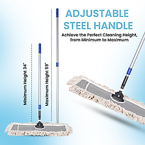 JINCLEAN 24" Industrial Cotton Floor Dust Mop with adjustable Steel Handle - Commercial Mops for Hardwood, Tiles, Laminate, Vinyl, Garage epoxy, Bamboo surface cleaning and Flooring Push Dust Broom