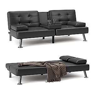 Shahoo Convertible Folding Futon Sofa Bed Sleeper Couch for Living Room Faux Leather Upholstered Loveseat w/Removable Armrests, Metal Legs, 2 Cup Holders, Black