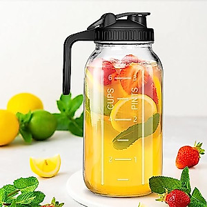 Nevfiro Mason Jar Pitcher with Pour Spout Handle Lid, 2Pack 32OZ Thick Glass Pitcher with Lid, Leak-proof Glass Pitcher Wide Mouth for Brew Coffee, Ice Beverage, Juice, Lemonade, Sun Tea, Fruit Drink