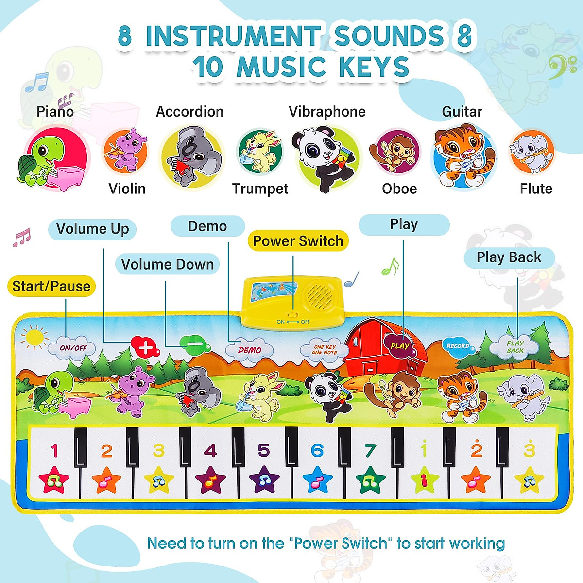 M SANMERSEN Piano Mat, 39.5" X 14" Musical Mat 8 Instrument Sounds Piano Mat for Toddlers Touch Play Dancing Mat Toy for 1 2 3 Year Old Girls Boys Gifts