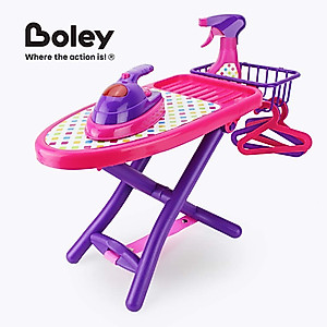 Boley Pretend Play Laundry Playset - 8-Piece Pink and Purple Toy Ironing Board Set with Realistic Lights & Sounds Iron, Working Spray Bottle, Hangers, and Storage Basket for Kids and Toddlers