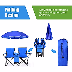 ARLIME Double Folding Beach Chairs, Outdoor Picnic Portable Loveseat Chairs with Removable Umbrella & Mini Table Carrying Bag, Camping Chair for Patio, Pool, Park (Blue)