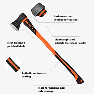 Chopping Axe, Hand Axe, Camp Hatchet for Splitting Kindling and Chopping Branches, Wood Chopping Axe 5.5 lb with 36-in Fiberglass Handle
