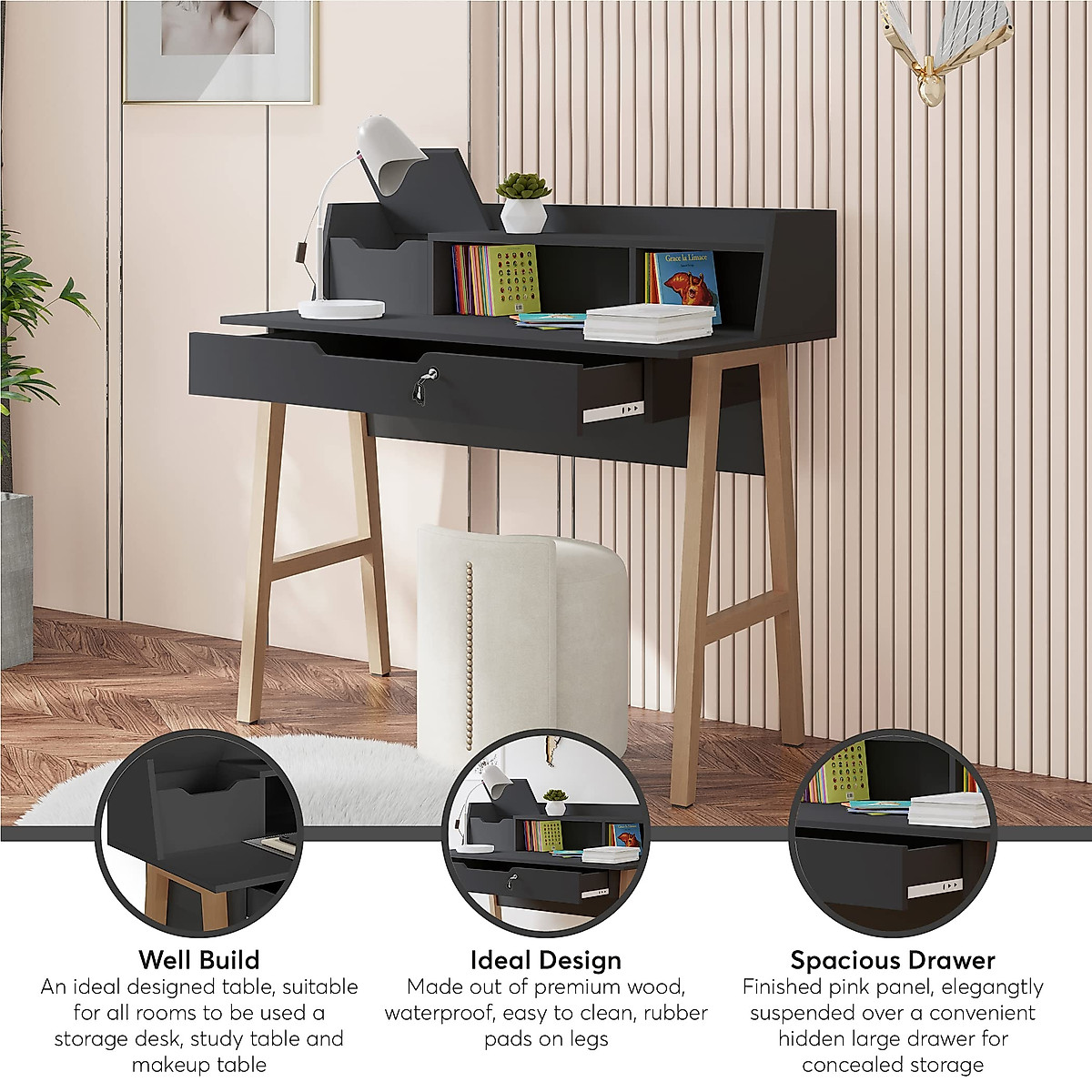 Modern Design Roma Small Desk for Bedroom, 40 inch Black Writing Desk with Hutch and Locking Drawer, by Crafts and Comfort