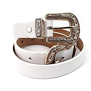 CLARA Women Vintage Western Waist Belt Double Buckle Belt PU Leather Waistband for Jeans Dress (White)
