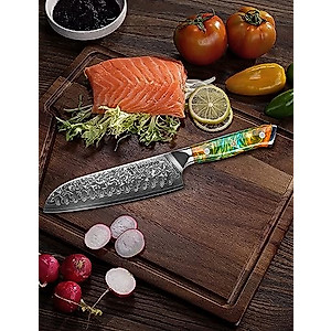 SANMUZUO Santoku Knife - 7 inch - Xuan Series - VG10 Damascus Steel Kitchen Knife - Resin Handle (Fantasy Orange)