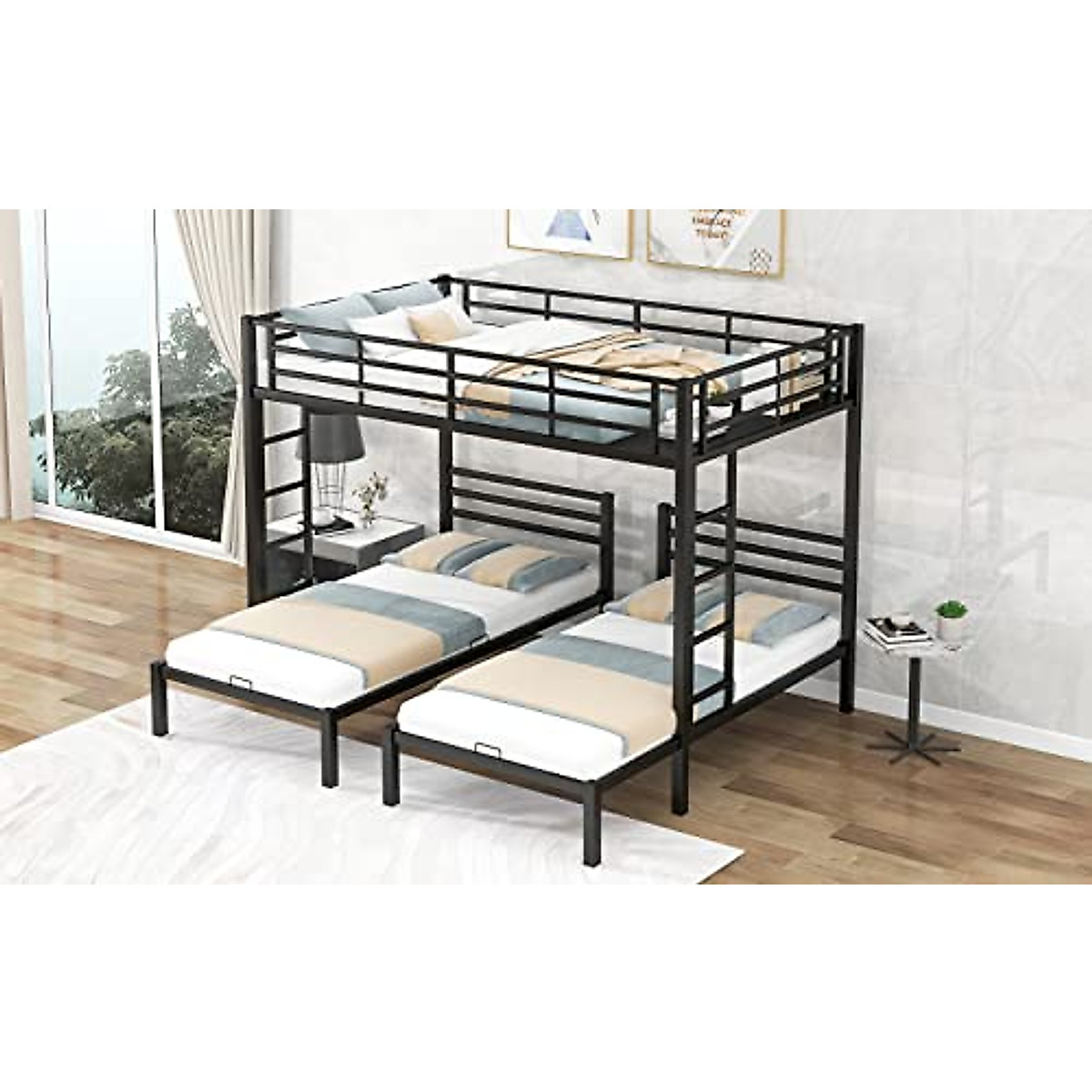 RUNWON Meta L Shaped Triple Bed, Solid Full Over Twin&Twin Bunk Bedframe with Built-in Shelf and 2 Ladders for 3 Kids Teens
