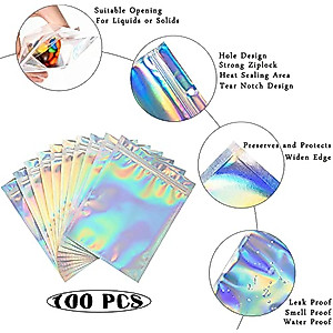 100 Pack Resealable Smell Proof Bags Mylar Bags Aluminum Foil Packaging Plastic Bag,Small Mylar Storage Bags for Candy,Jewelry,Party,Holographic Rainbow Color (3 x 4.7 inch)