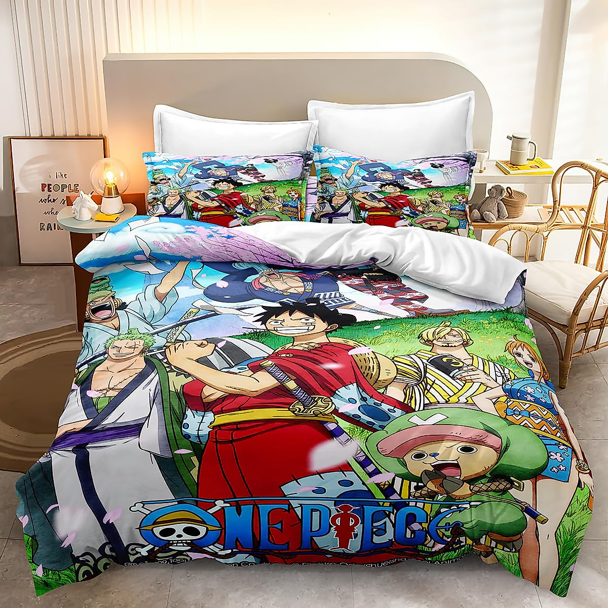 JKLWOAWR Anime One 3D Monkey Printed Piece Duvet Cover, D. Luffy Pillowcase, Bedding Three Piece Set, Soft Ultra-fine Fiber Zipper Closure Three Piece Set