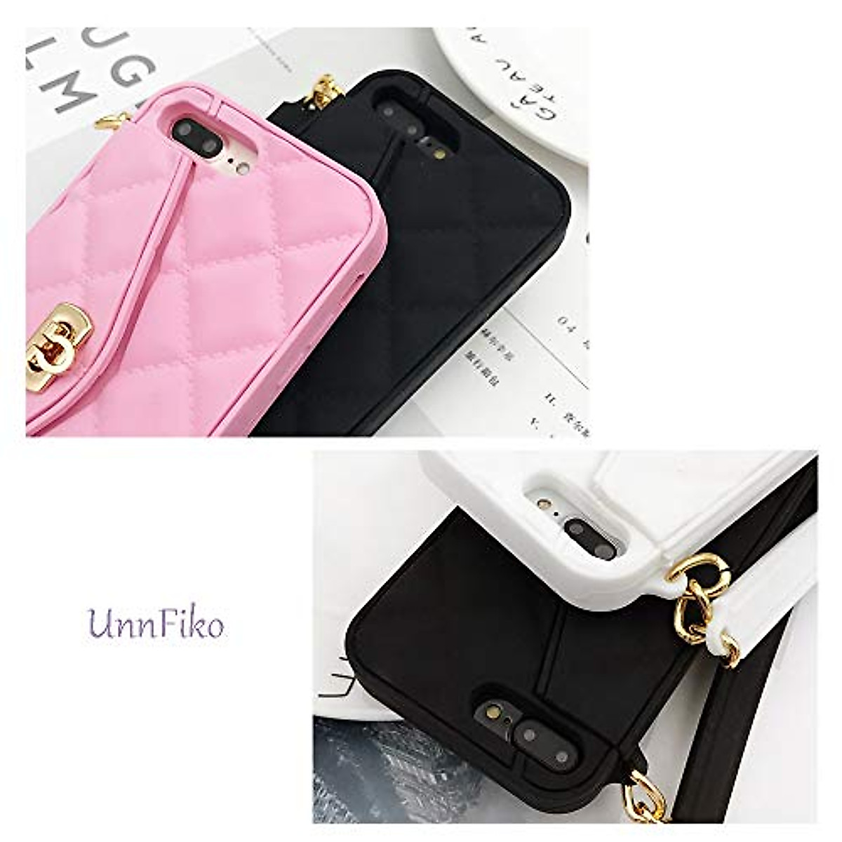UnnFiko Wallet Case Compatible with iPhone 6 / iPhone 6s, Pretty Luxury Bag Design, Purse Flip Card Pouch Cover Soft Silicone Case with Hand Holder Long Shoulder Strap (Black, iPhone 6 / 6s)