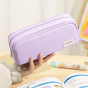 CICIMELON Large Capacity Pencil Case 3 Compartment Pouch Pen Bag for School Teen Girl Boy Men Women (Purple)