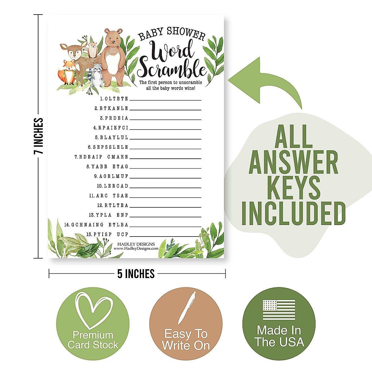 Hadley Designs Woodland Baby Shower Games Gender Neutral - 2 Games Double Sided, 25 Word Scramble For Baby Shower Ideas, 25 True Or False Baby Shower Game, Gender Reveal Games For Guests