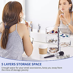 Clear Plastic Small Jewelry Organizer, 5-Layers Rotatable Jewelry Storage Box with Lid for Hair Accessories & Beauty Supplies Earrings Necklaces Bracelets (Clear-5-Layers)