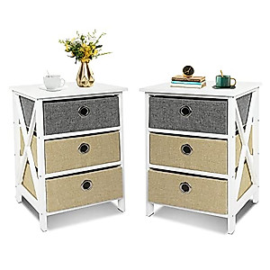 Nightstands Set of 2, with 3 Drawers, Wood Nightstand, Contrasting Colors Fabric Drawers, Easy Assembly Bedside Tables for Bedroom, College Dorm, Sturdy WhiteWood Frame, Wood Top, Easy Pull Handle.