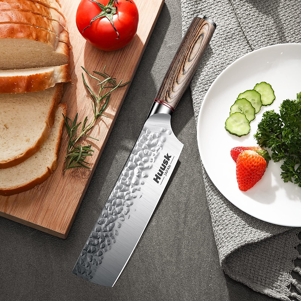 Huusk Japan Knife Professional Kitchen Knife Meat Cleaver Nakiri Knife and Boning Knife Set with Ergonomic Pakkawood Handle and Gift Box for Family Restaurant
