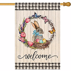 Baccessor Tulip Wreath Welcome Garden Flag Double Sided Buffalo Plaid Easter Egg Cute Bunny Rabbit Yard Flag for Spring Holiday Outdoor Outside Decoration 28x40 Inch