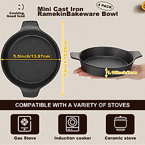 Vesici Mini Skillets for Cookies Cast Iron Ramekins 7.2x5.5x1.18 Cast Iron Pan, Small Cast Iron Pot, Mini Casserole Dish Bakeware Bowl for Serving Cast Iron Cookware Home Restaurant Kitchen(4 Pcs)