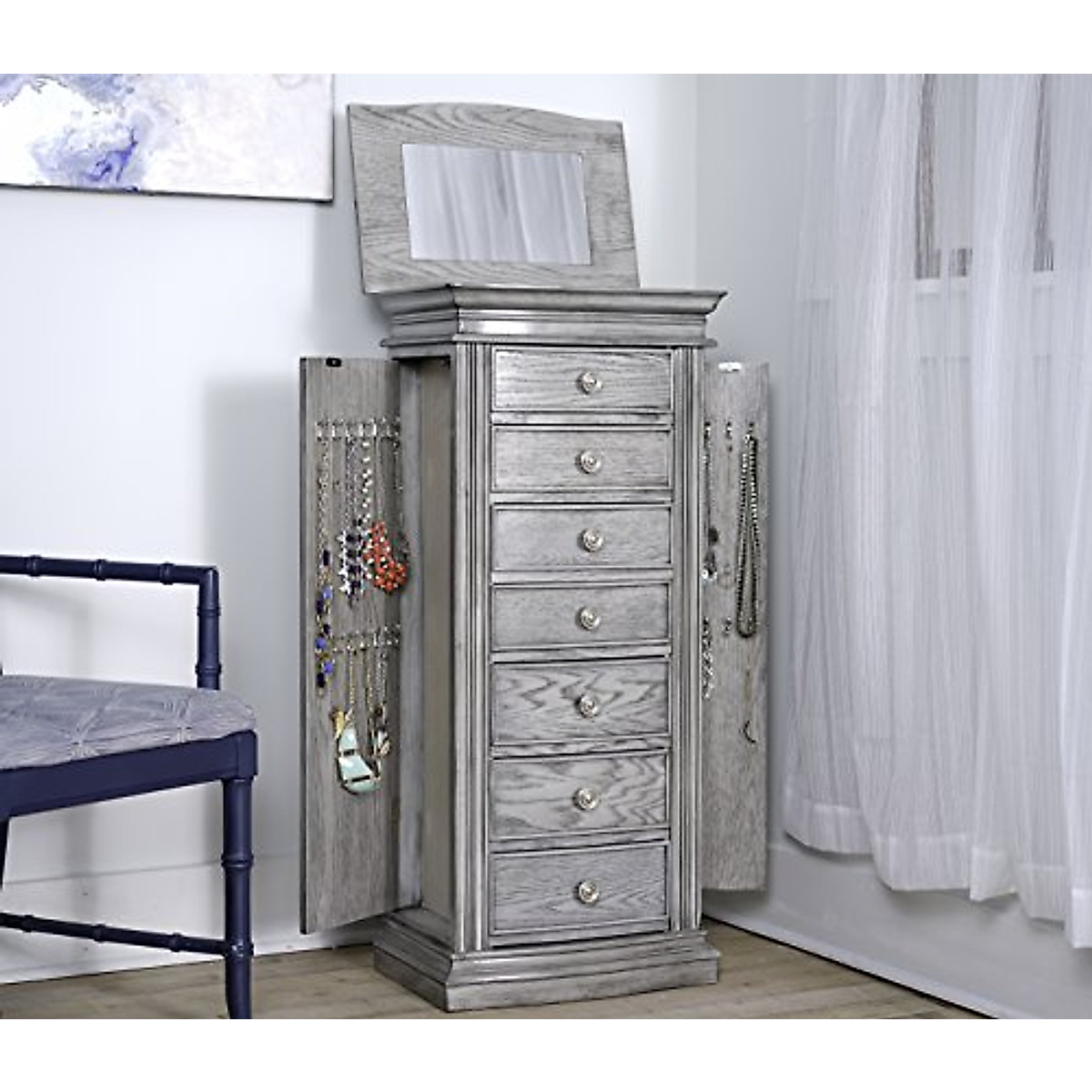 HIVES&HONEY Luke Wood Jewelry Cabinet Armoire Storage Box Chest Stand Organizer Necklace Holder in Smoke Grey