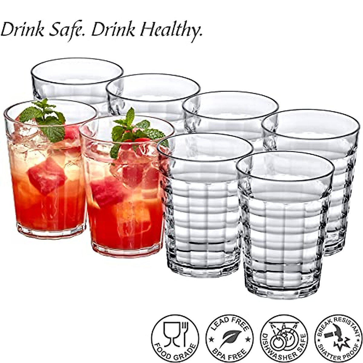 Amazing Abby - Ice Cube - 16-Ounce Plastic Tumblers (Set of 8), Plastic Drinking Glasses, All-Clear High-Balls, Reusable Plastic Cups, Stackable, BPA-Free, Shatter-Proof, Dishwasher-Safe
