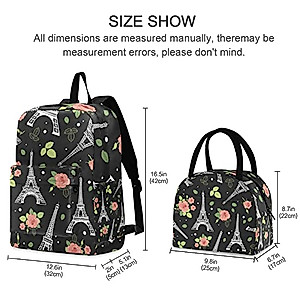 Eifel Tower Roses Backpack for Girls Boys Backpack with Lunch Box School Backpack Set Bookbag for Camping Laptop Picnic Travel Backpack for Men Women Girls Boys