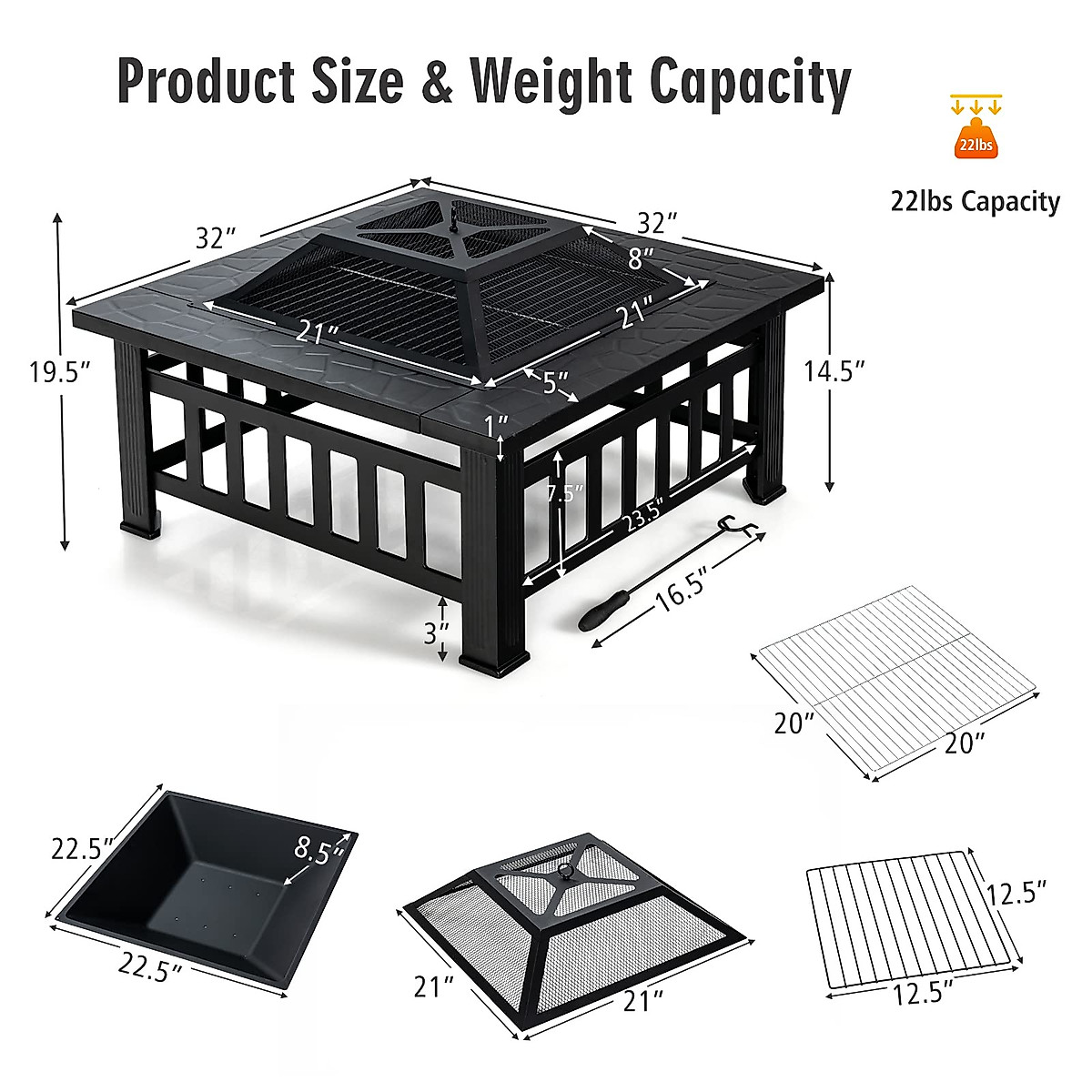 Giantex 32" Outdoor Fire Pit, 3 in 1 Square Wood Burning Fire Table, Multifunctional Firepit for Outside Patio Backyard Porch Garden, Bonfire Stove Fireplace with Rain Cover for Picnic, Camping