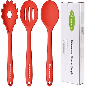 Silicone Cooking Spoons, Heat Resistant Large Silicone Pasta Slotted Spoon Solid Basting Spoon set for Nonstick Cookware, BPA Free Black Kitchen Silicone Spoons set for Mixing, Serving, Draining Red