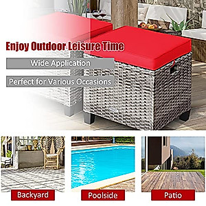 Tangkula 2 Pieces Patio Rattan Ottomans, Outdoor Wicker Footstool Footrest Seat with Soft Cushions and Steel Frame, All-Weather Patio Ottoman Set for Backyard Garden Poolside (Red)