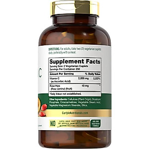 Carlyle Vitamin C 1000mg | 500 Vegetarian Caplets | Ascorbic Acid with Wild Rose Hips | High Strength Formula | Non-GMO and Gluten Free Supplement