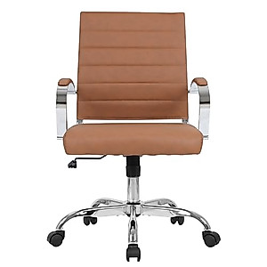 LANDSUN Home Office Chair Mid Back Desk Chair PU Leather Ribbed Executive Swivel Computer Chair with Wheels and Armrests Soft Padded Adjustable Height Conference Task Brown