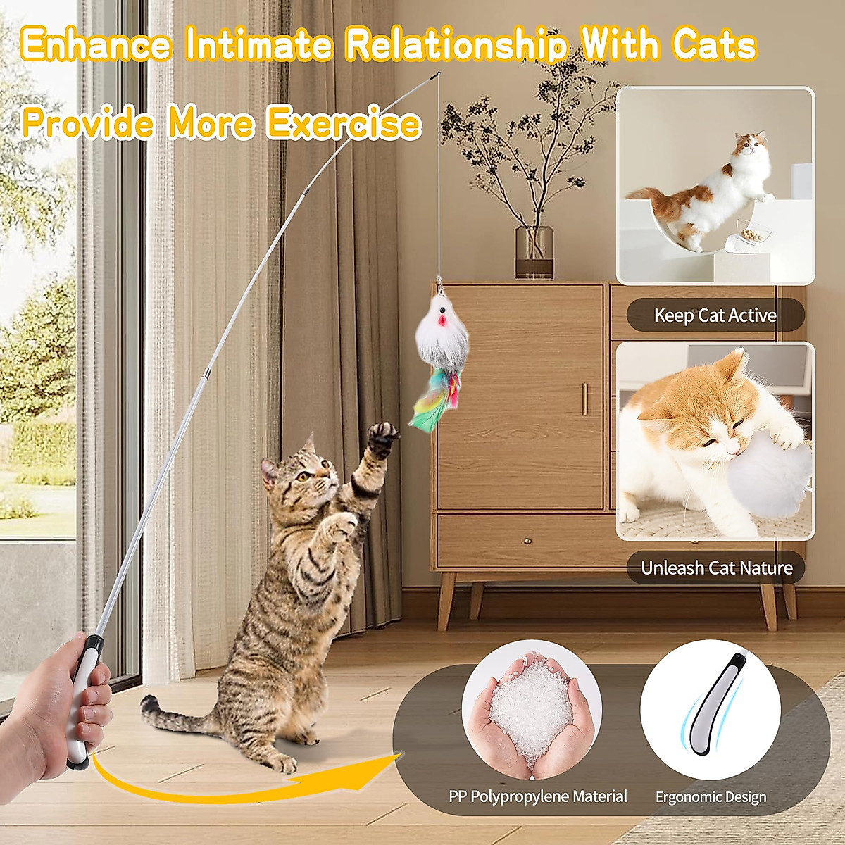 Janbenty 4-in-1 Interactive Cat Feather Toys Durable Retractable Fishing Pole Cat Toy Enhanced Suction Cup Cat Catnip Toy 14 Wand Replacement Door Hanging Cat String Toy for Bored Indoor Kitten