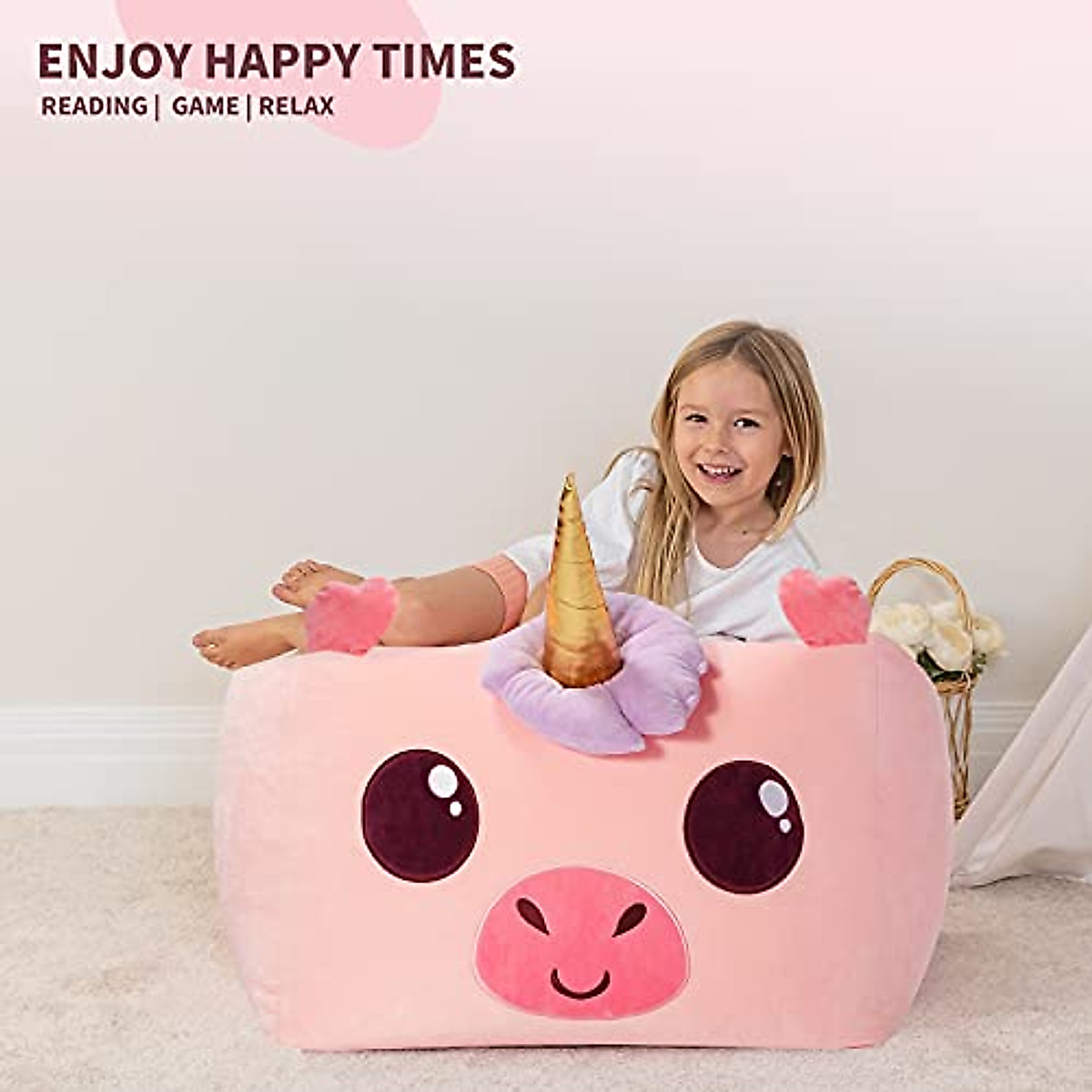 Aubliss Unicorn Stuffed Animal Storage Bean Bag Chair for Kids, Velvet Extra Soft Beanbag Chairs Cover, X-Large Stuffable Zipper Bean Bag for Organizing Plush Toys Girls Bedroom Decor, Pink
