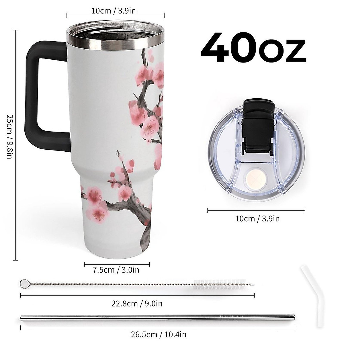 Cherry Blossom Tree Branch 40 Oz Tumbler with Handle And Straw Stainless Steel Vacuum Insulated Tumblers Reusable Keep Drinks Cold Coffee Cup Holder Friendly Gifts for Women Men Car Gym Travel
